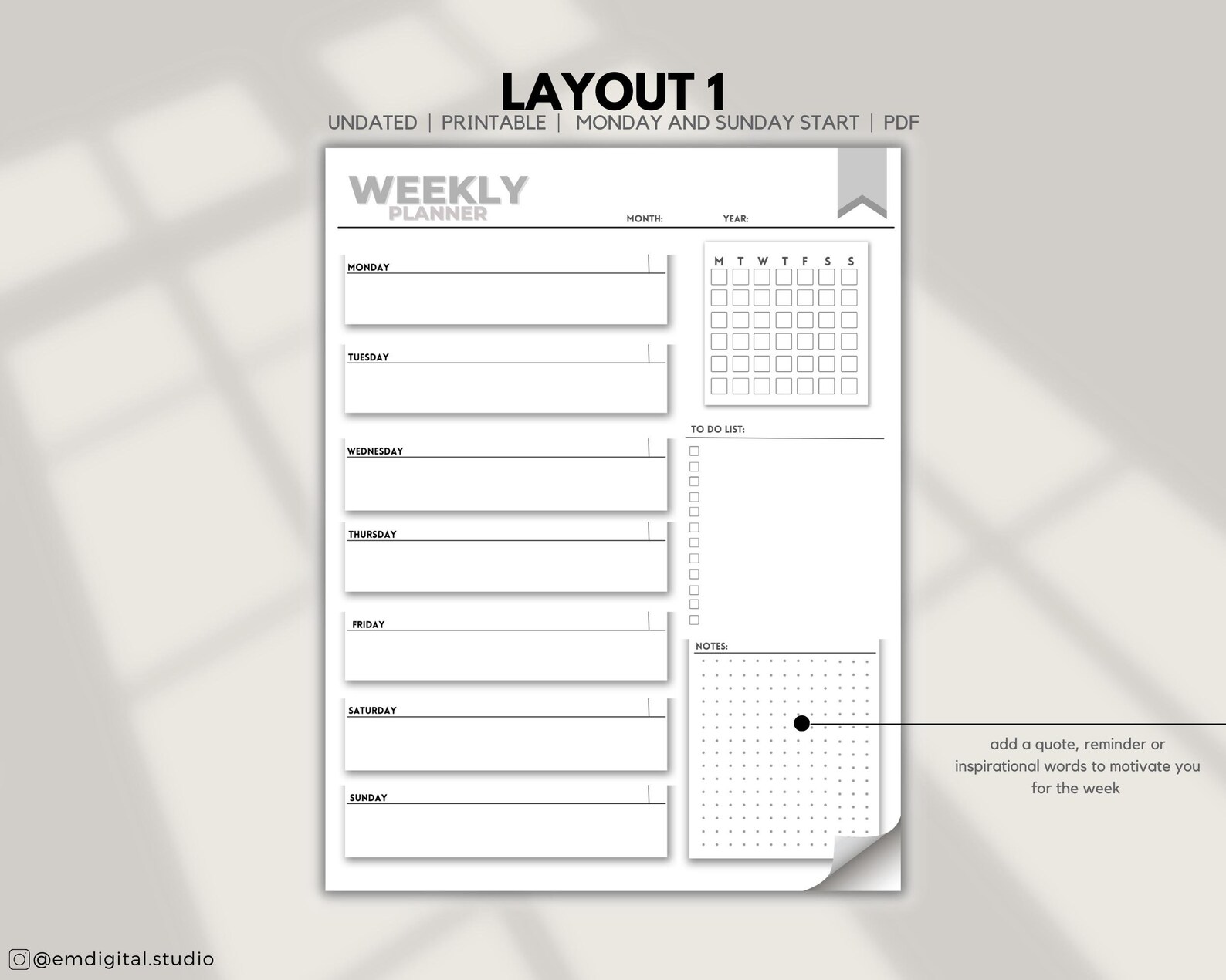 Weekly Planner Printable to Do List Minimalist Vertical Portrait ...