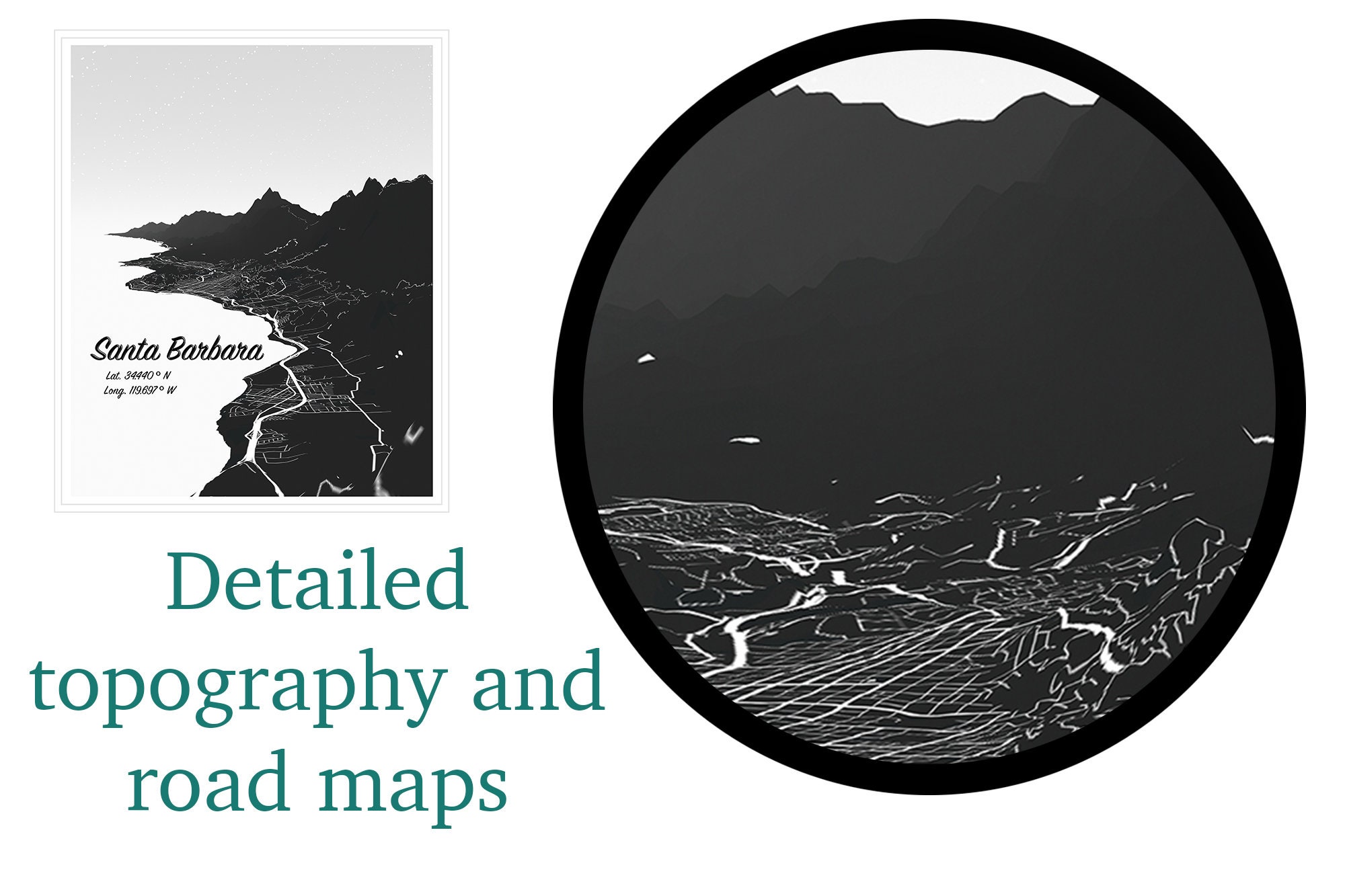 3D Monochromatic Topographical Map of Santa Barbara for Your ...