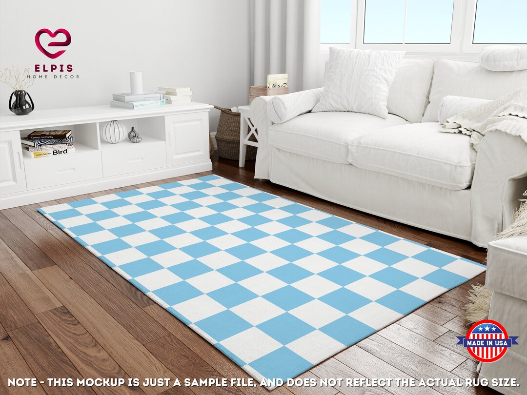 Baby Blue Checkered Rug, Checkered Decor Area Rug, Groovy Rug, Retro ...