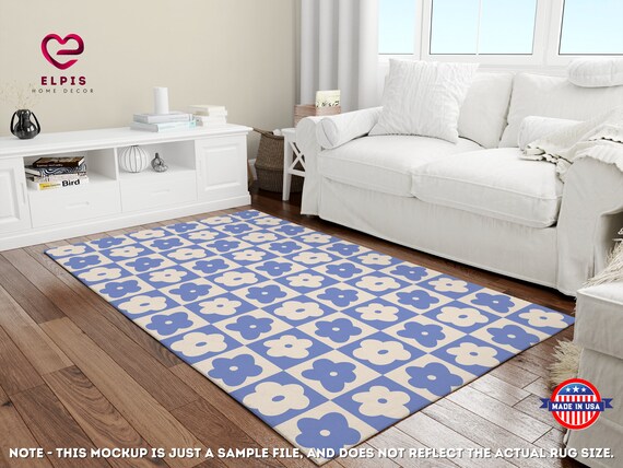 Blue Flower Checkered Rug Pastel Blue Floral Checkerboard | Etsy