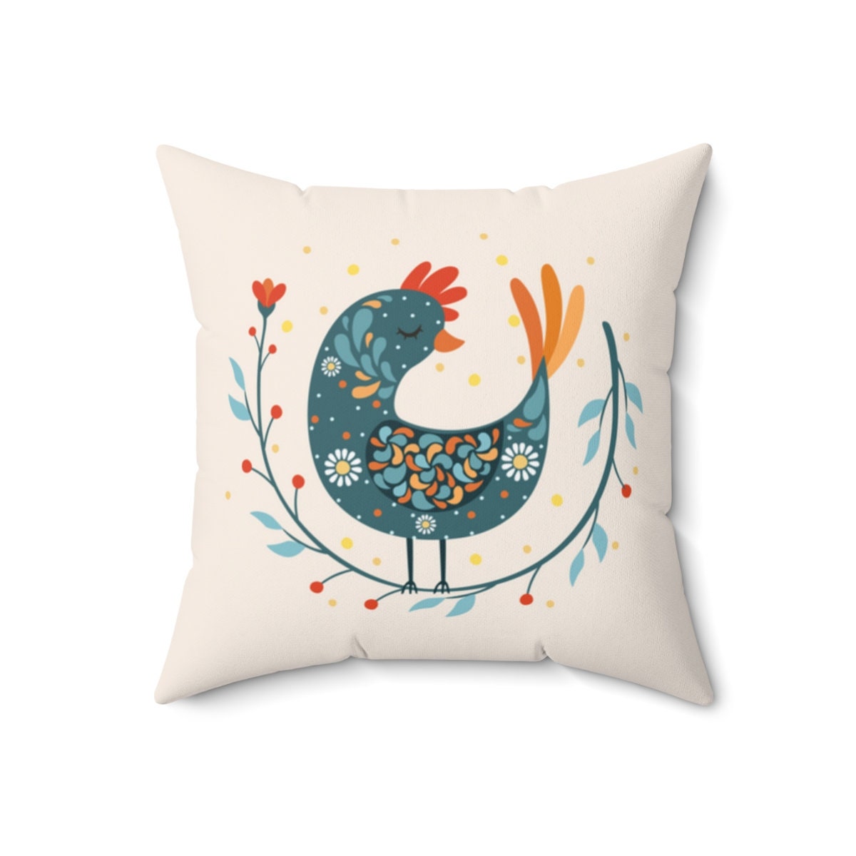 Scandinavian Folk Art Rooster Pillow, Rooster Bird Folk Art Cushion ...