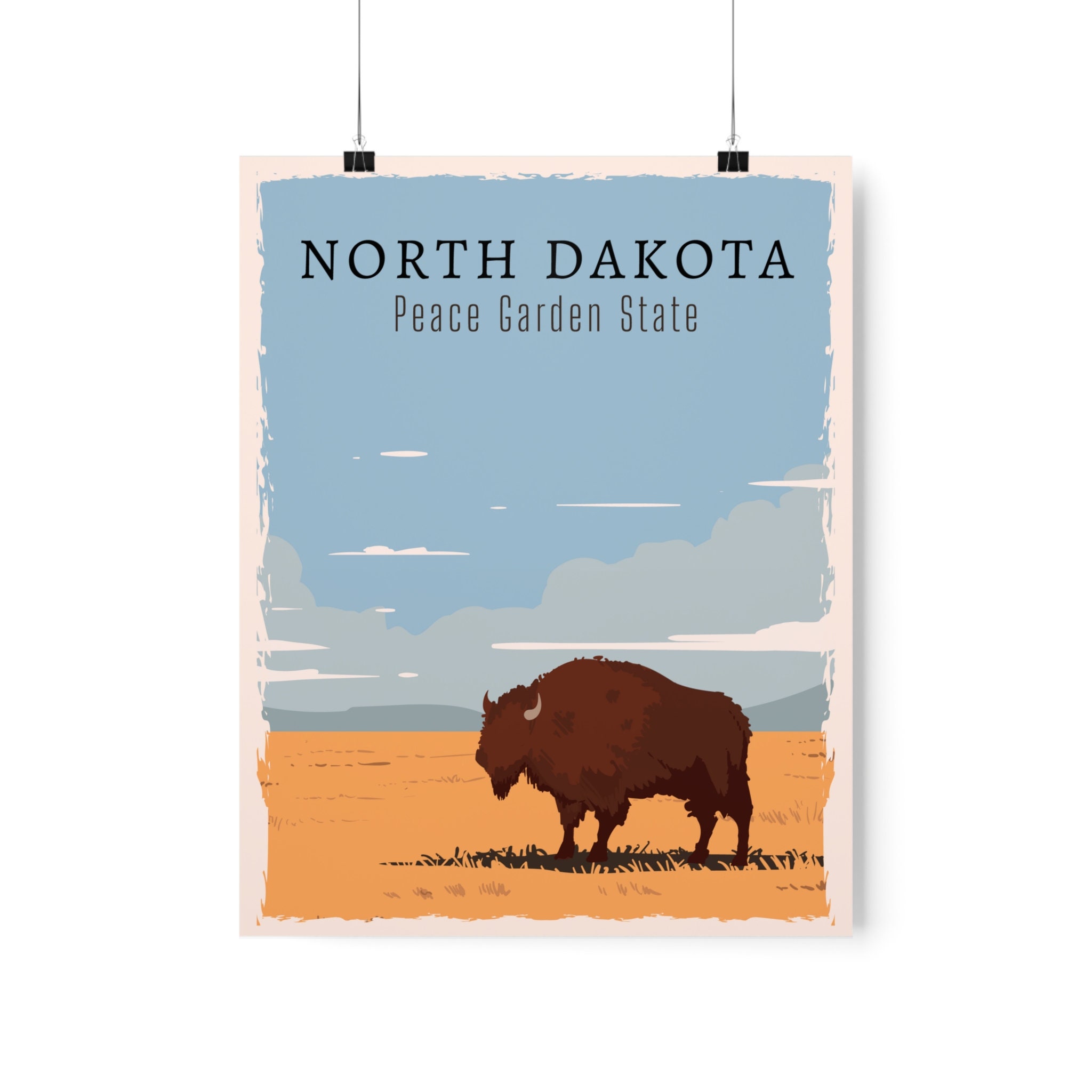 Retro North Dakota Poster – Great Plains Wall Art With Bison | Peace ...
