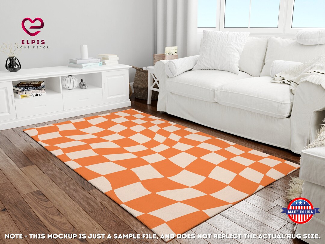 Tangerine Checkered Rug, Indie Room Decor, Orange Checkerboard Rug ...
