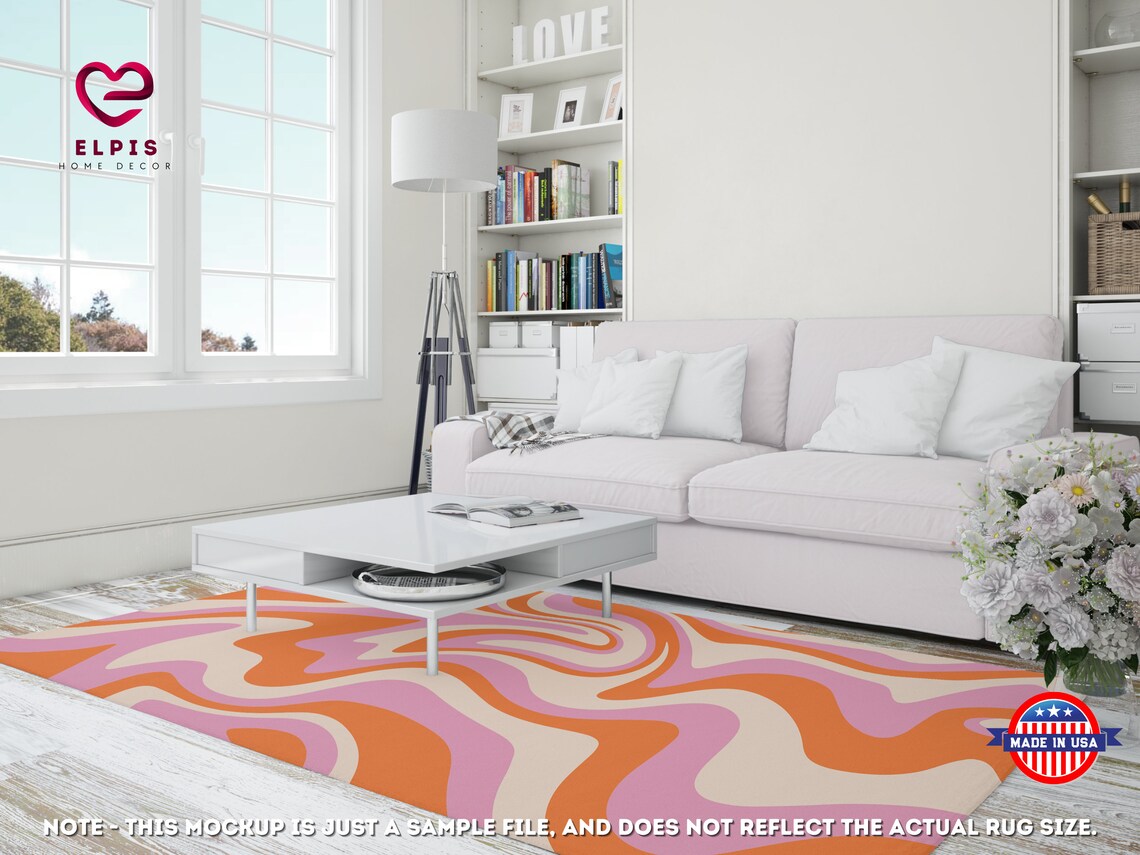 70s Style Pink Wavy Rug Indie Room Decor Area Rug Orange - Etsy