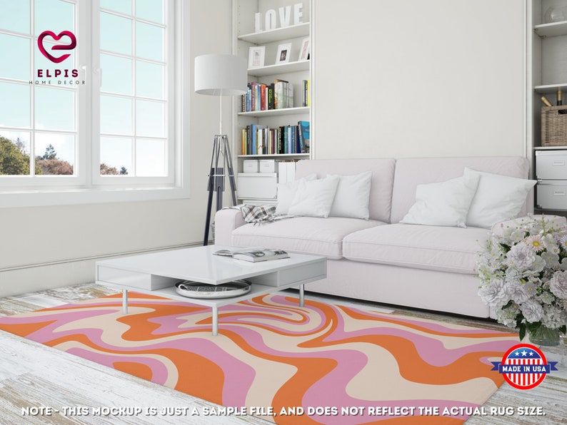 70s Style Pink Wavy Rug Indie Room Decor Area Rug Orange - Etsy