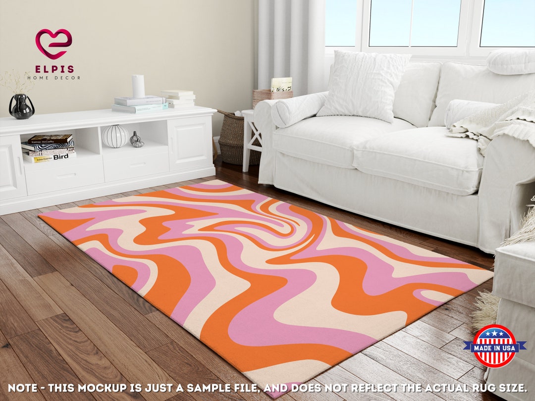 70s Style Pink Wavy Rug, Indie Room Decor Area Rug, Orange Swirl Rug ...