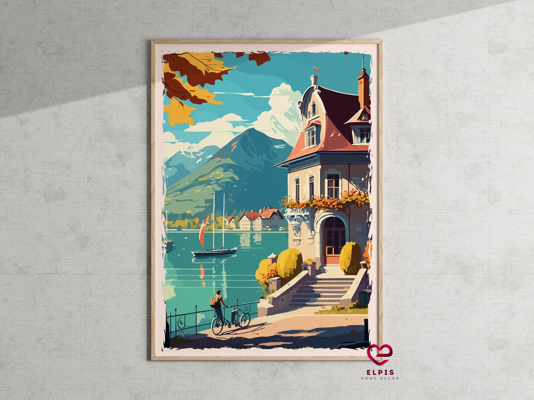 Retro Lake Annecy Travel Poster, France Travel Gift, Annecy Wall Art ...