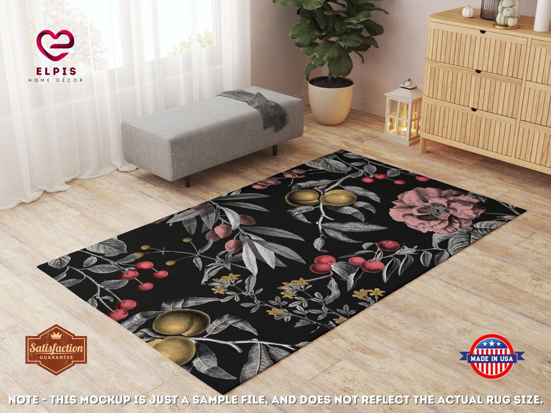 Black Vintage Botanical Area Rug, Retro Rose Leaves and Fruits Rug ...