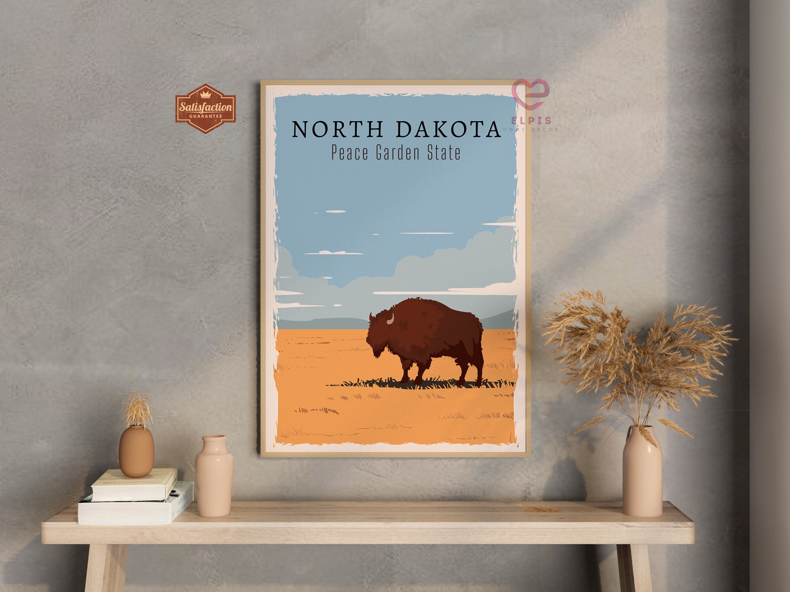 Retro North Dakota Poster – Great Plains Wall Art With Bison | Peace ...