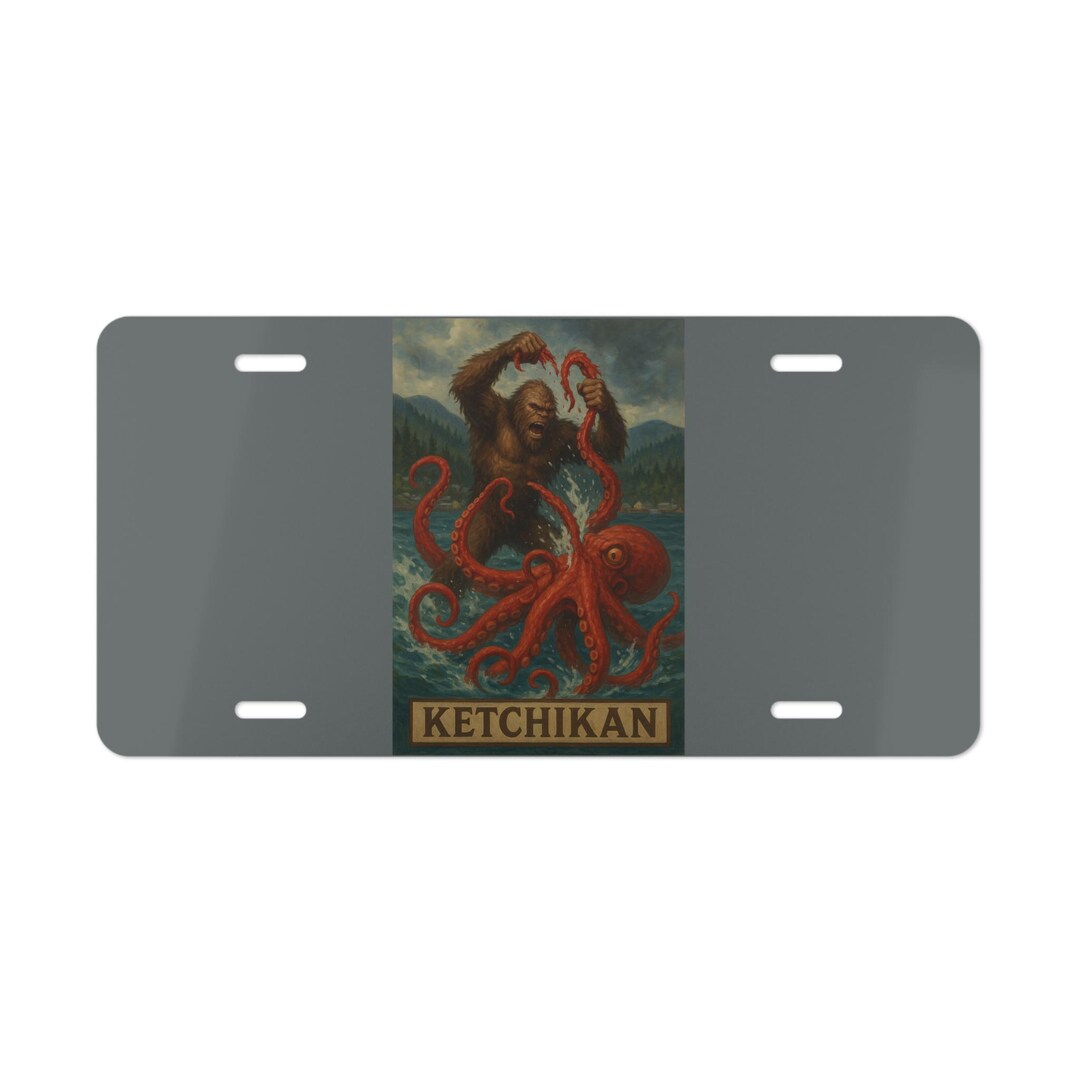 Ketchikan Sasquatch Vs Giant Octopus Vanity Plate | Alaska Nautical ...