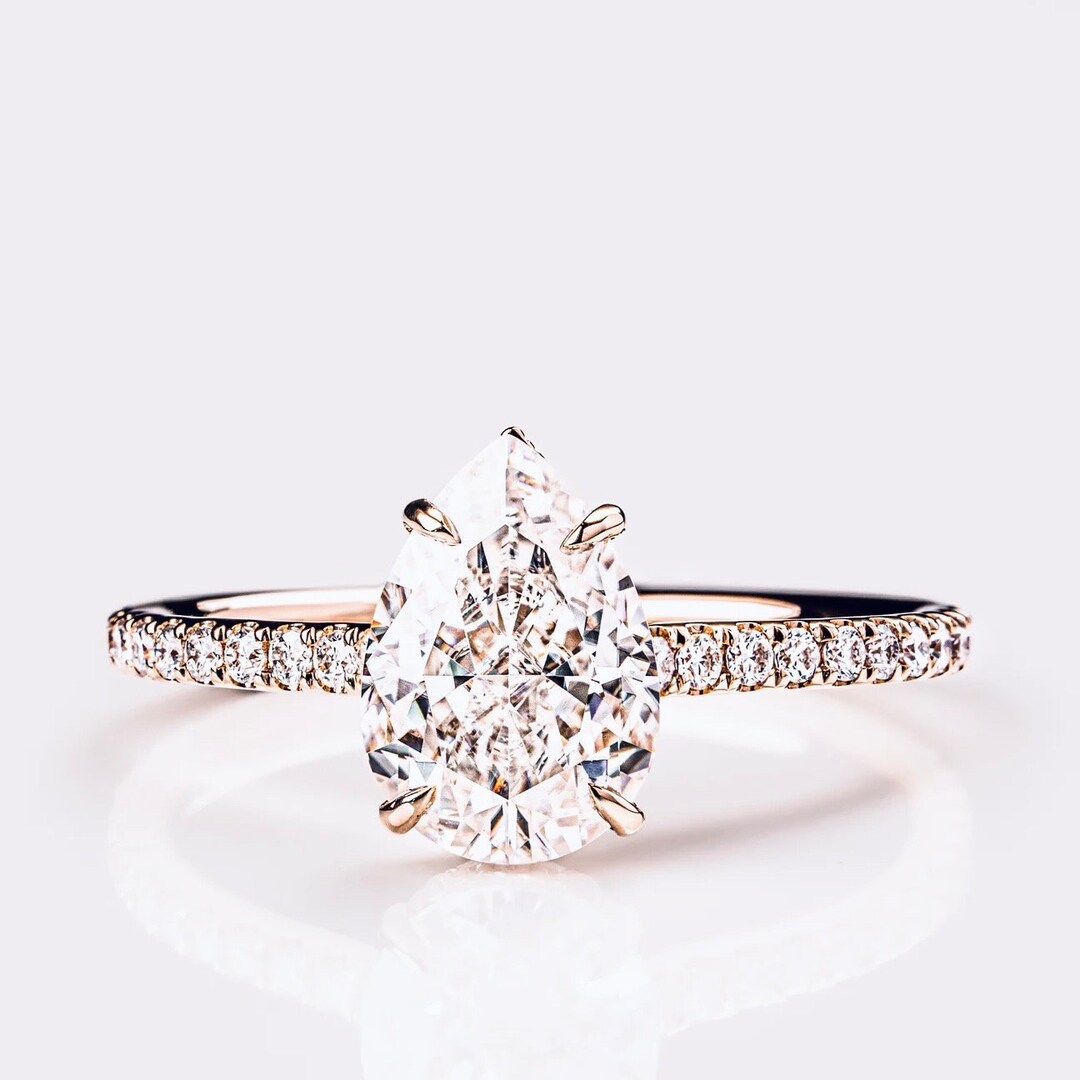 1.0 CT Pear Diamond Hidden Halo Engagement Ring Royal 18K Gold Full Lab ...