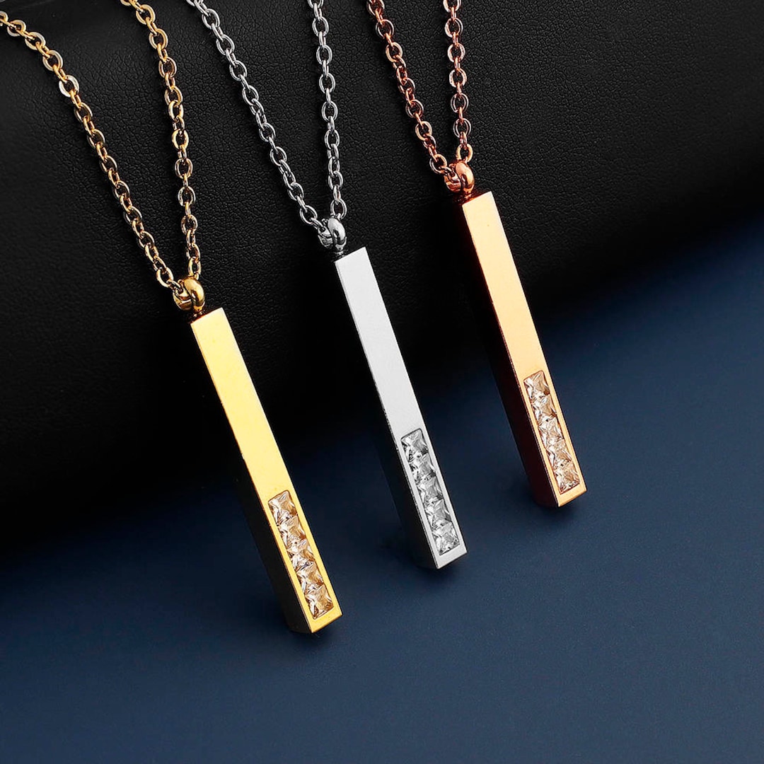 3D Solid Vertical Bar Pendant Necklace Her 18K Rose Gold Plated Steel ...