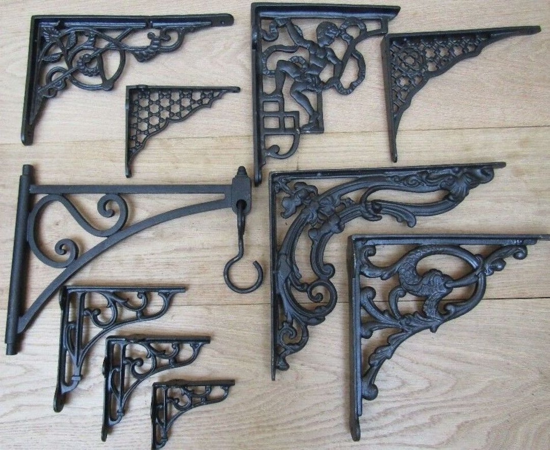 PAIR of CAST IRON Black Antique Shelf Brackets Scaffold Vintage Old ...