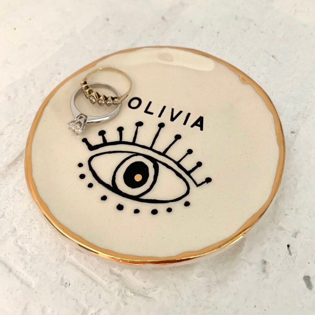 Personalized Evil Eye Name Ring Dish, Initial Jewelry Dish, Ring Holder ...