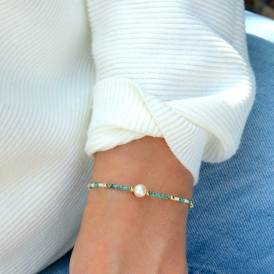 Bracelet fin élastique perle d'eau douce et perles miyuki turquoises ...