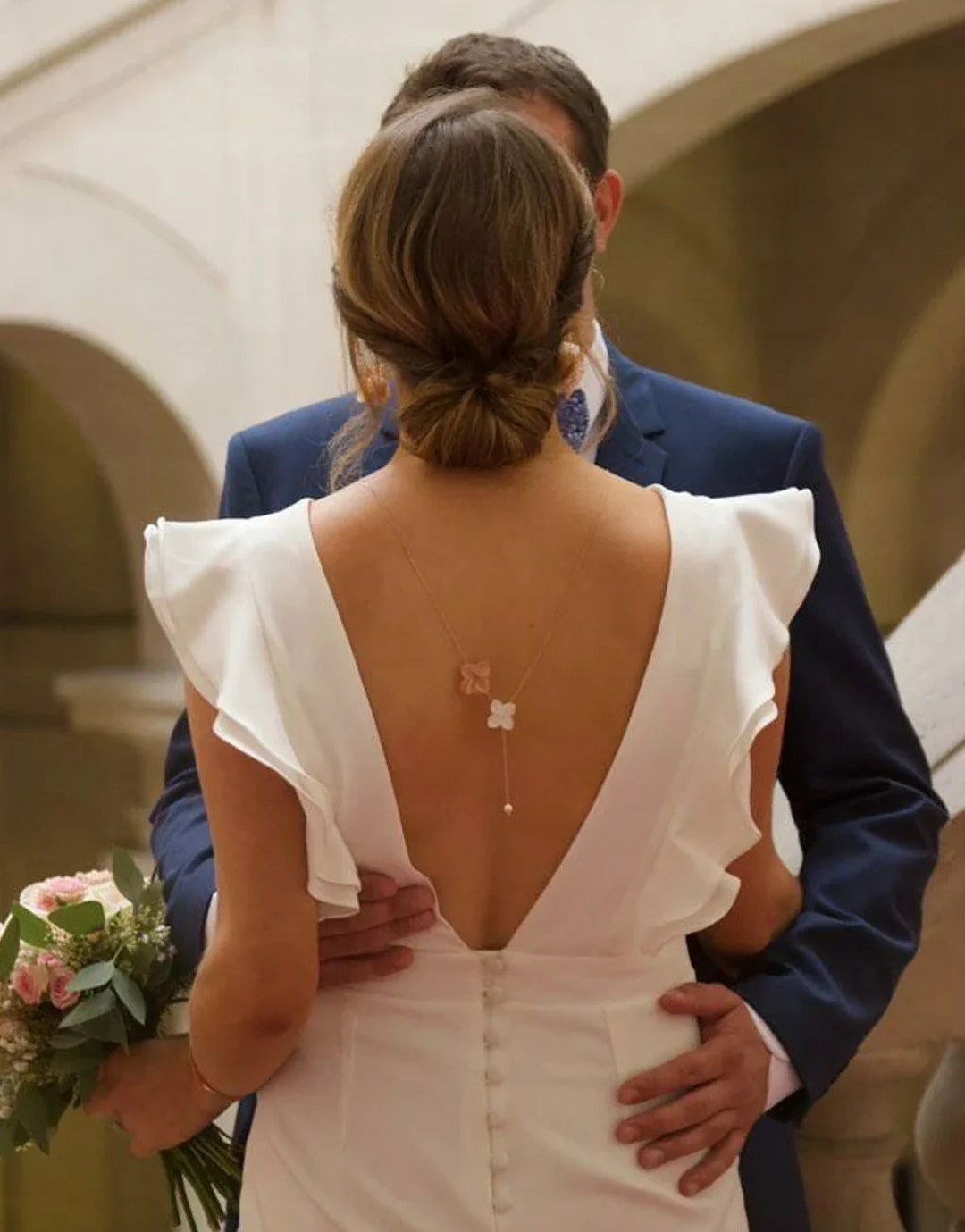 Double Back Necklace With Eternal Fresh Flowers in Old Pink and White ...