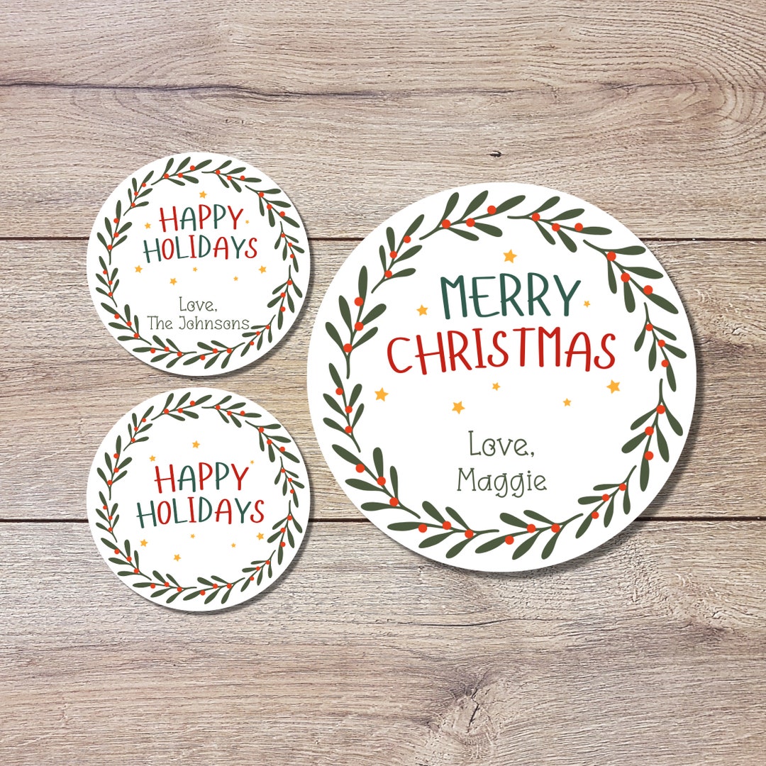 Personalized Christmas Wreath Stickers, Custom Happy Holiday Label ...