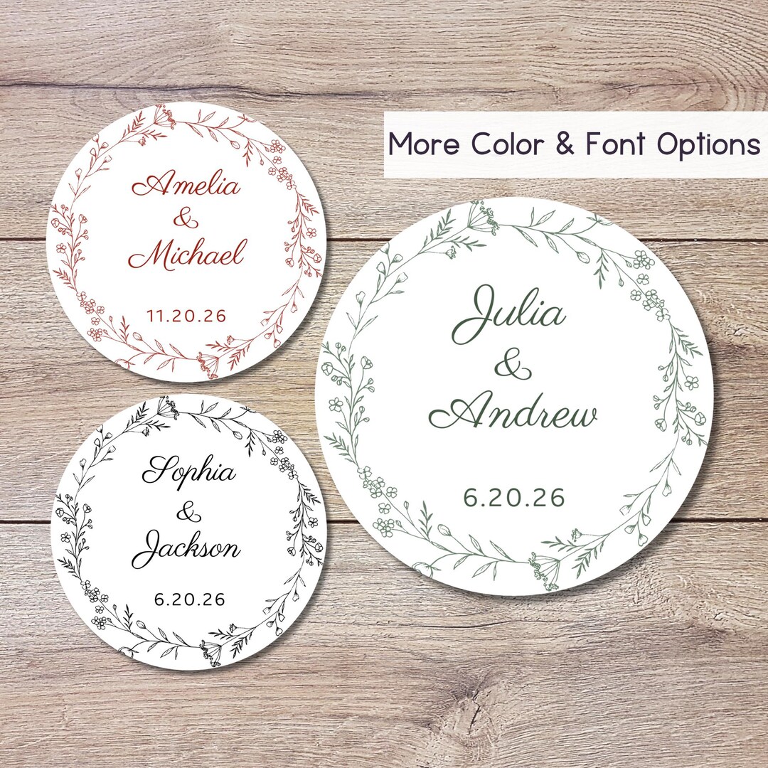 Personalized Floral Wreath Wedding Stickers, Custom Wedding Favor ...