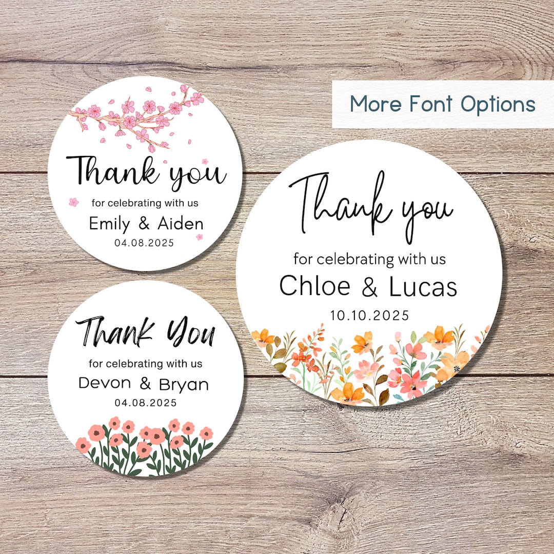 Personalized Floral Thank You Wedding Stickers, Custom Thank You Labels ...