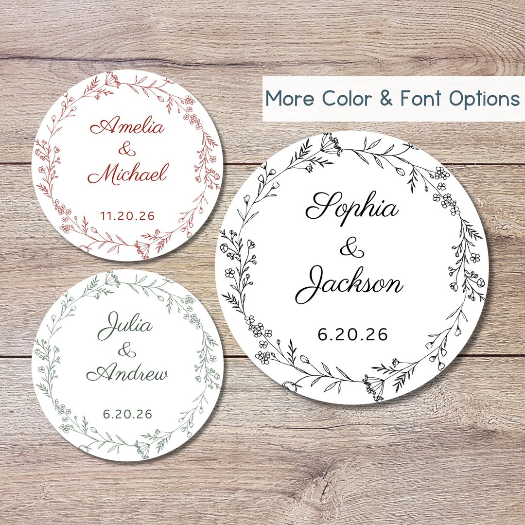 Personalized Floral Wreath Wedding Stickers, Custom Wedding Favor ...