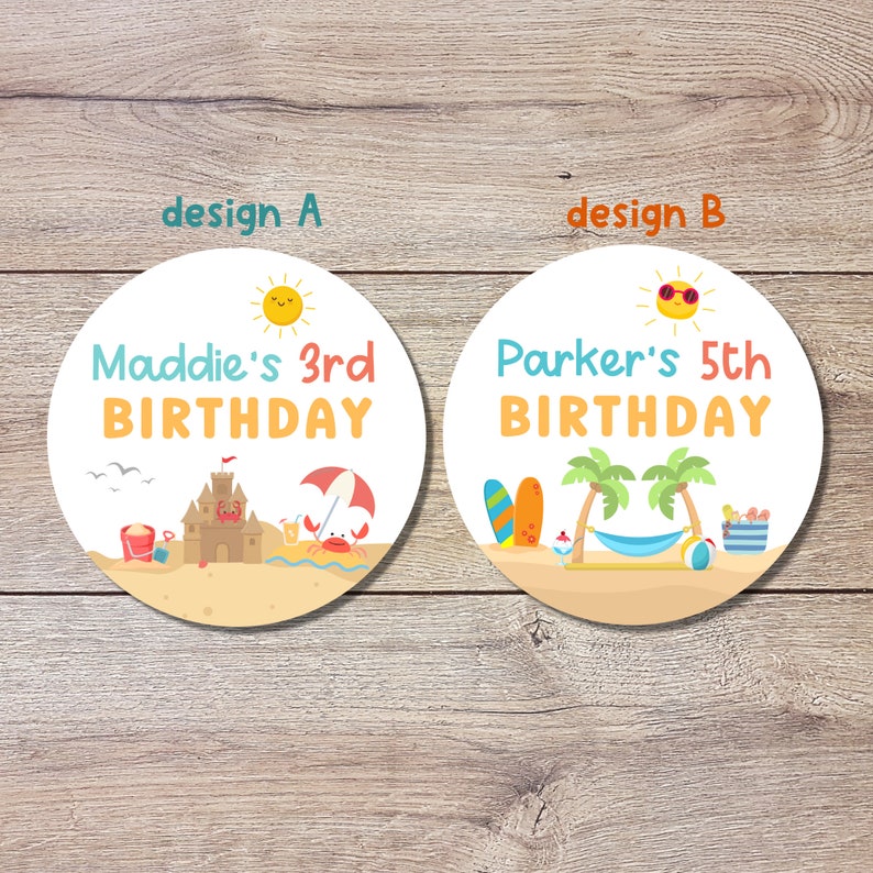 Personalized Beach Birthday Sticker, Summer Birthday Goody Bag, Custom ...