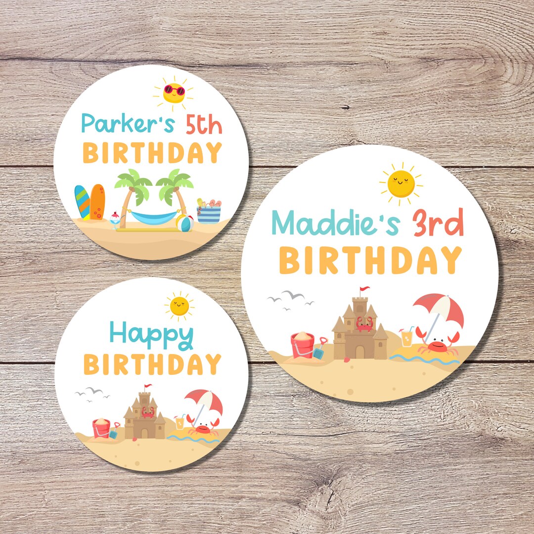 Personalized Beach Birthday Sticker, Summer Birthday Goody Bag, Custom ...