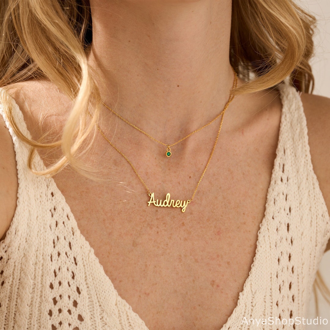 Layered Name Necklace With Birthstone, Custom Name Necklace, Birthstone ...