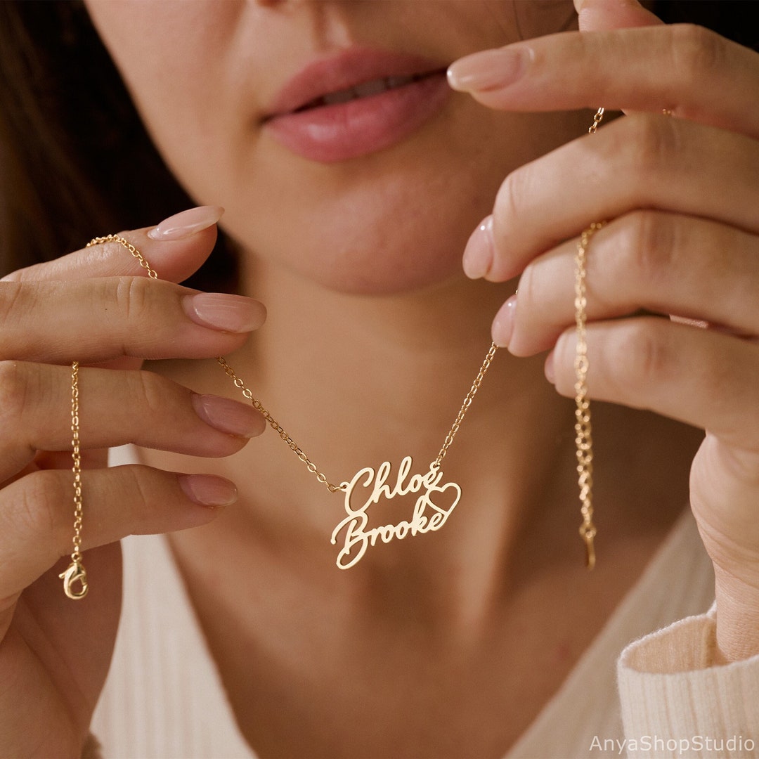 Personalized Double Names Necklace With Heart, Custom Gold Name ...