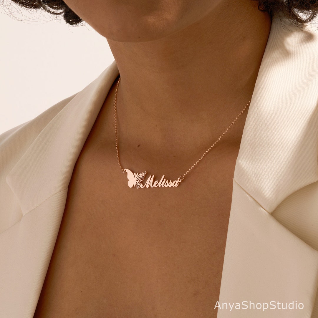 Birth Butterfly Name Necklace, Custom Dainty Name Necklace, Butterfly ...