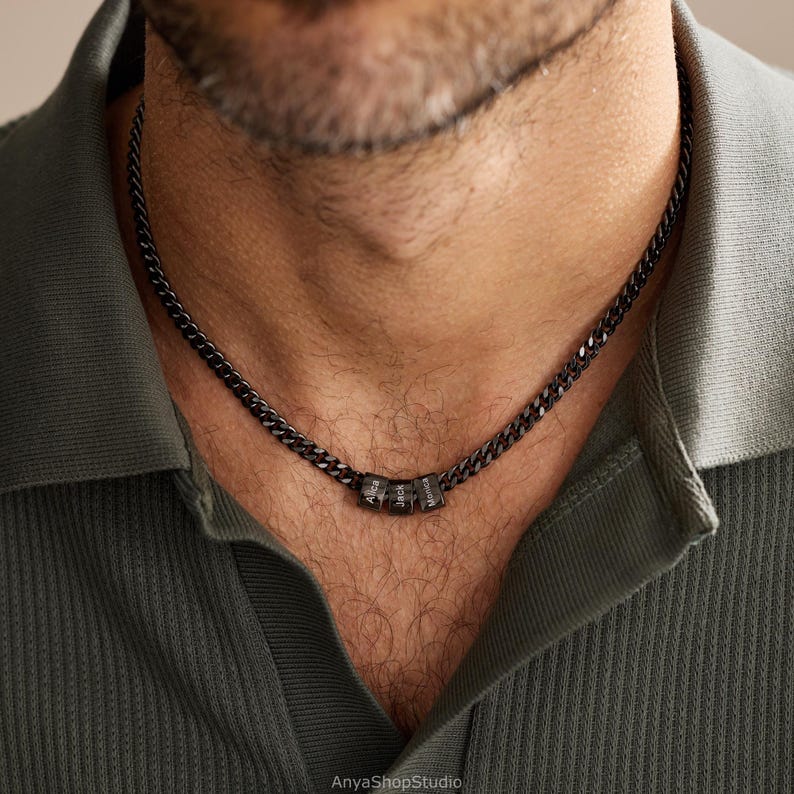 Custom Men Necklace With Names, Personalized Bead Chain Necklace, Dad ...