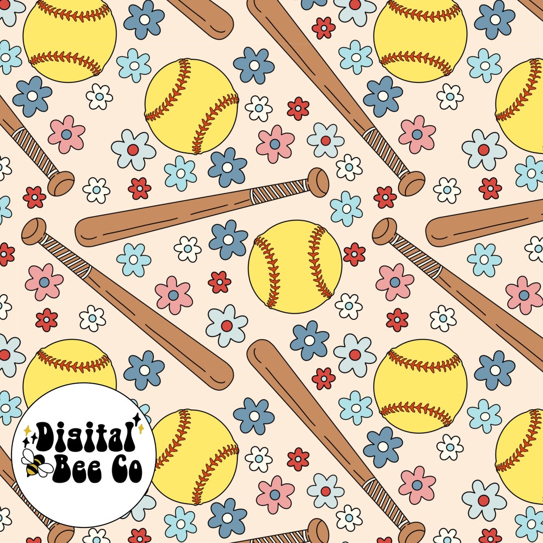 Floral Softball Seamless Design, Girly Softball Digital Paper, Seamless ...