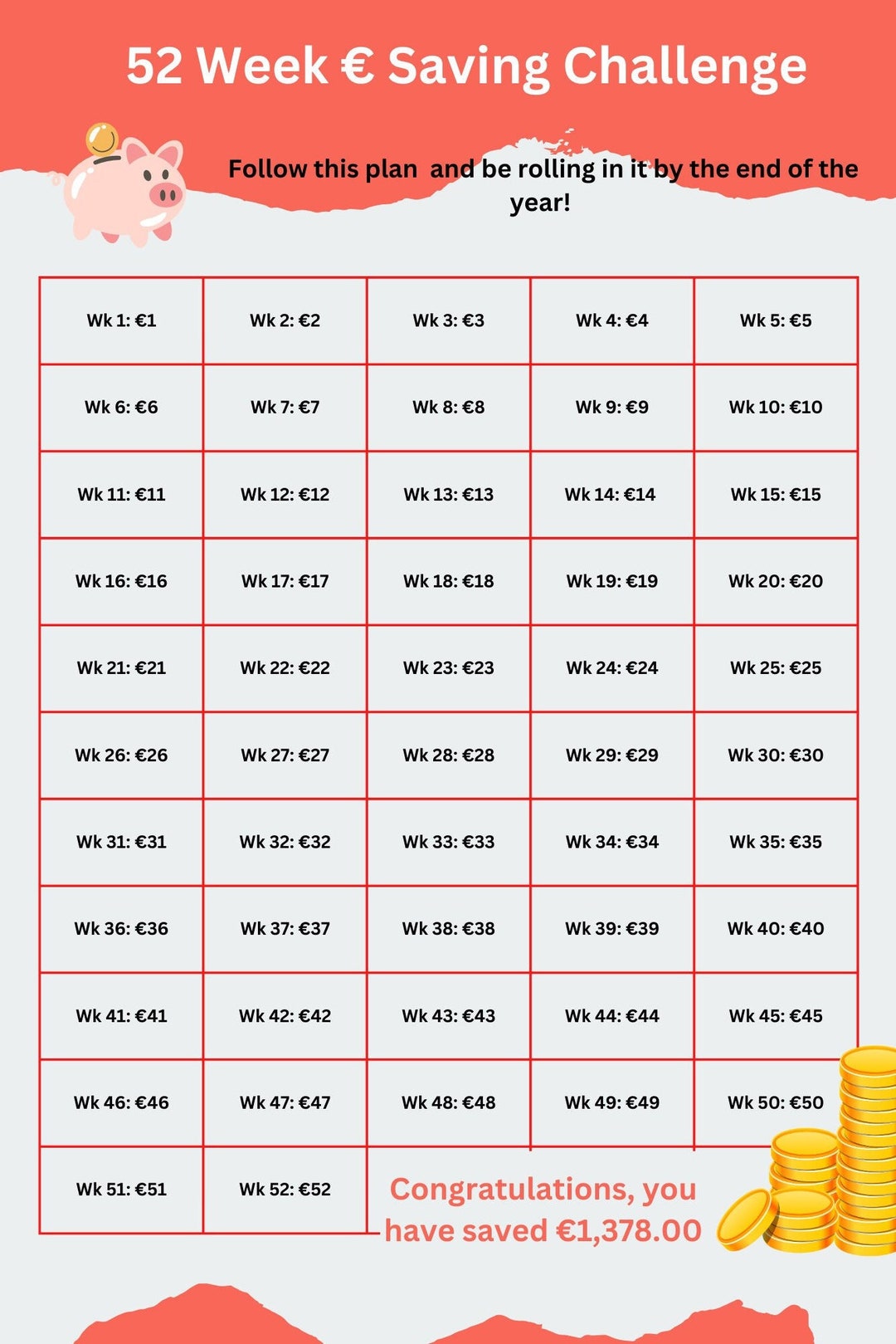52 Week Saving Challenge Printable (euro) (digital Download) (red) - Etsy