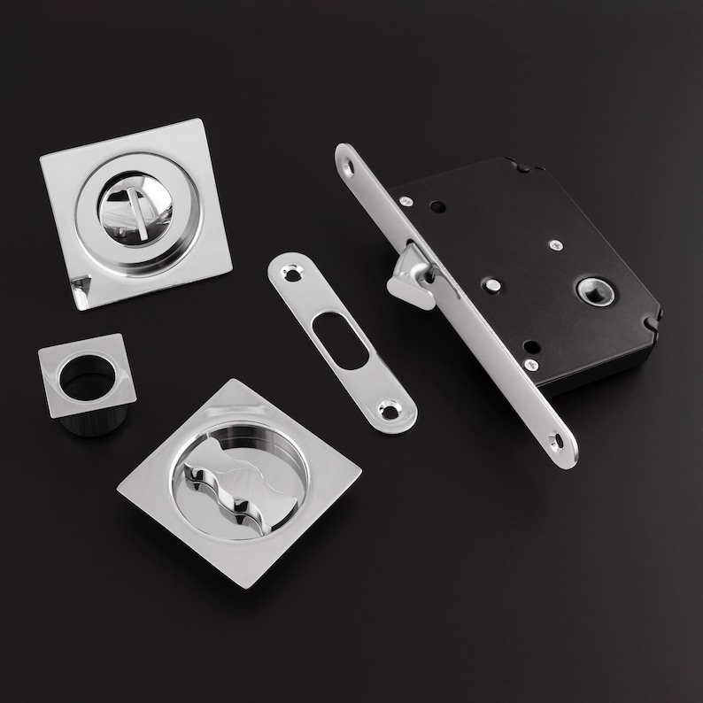 Square Brass Bathroom Lock for Sliding, Pocket Door, Complete Set ...