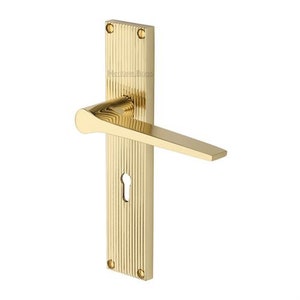 High End Solid Brass Pair of Slim Modern Door Handles on a Reeded ...