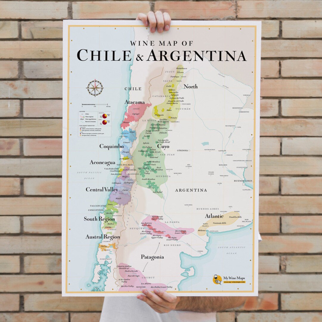 Wine Map of Chile and Argentine | 18”x 24” |gift Idea for Wine Lovers ...