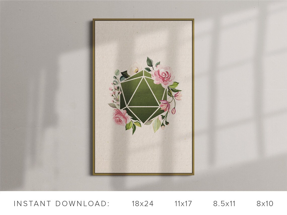 D20 Floral Poster Print, Digital Download, Printable Wall Art, Dungeons ...