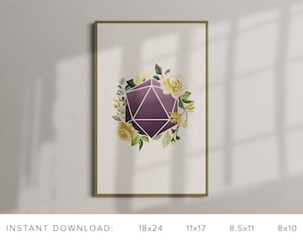 D20 Floral Poster Print, Digital Download, Printable Wall Art, Dungeons ...