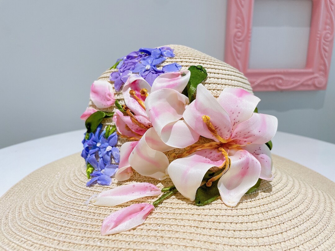 Ribbon Embroidered Straw Hat - Etsy