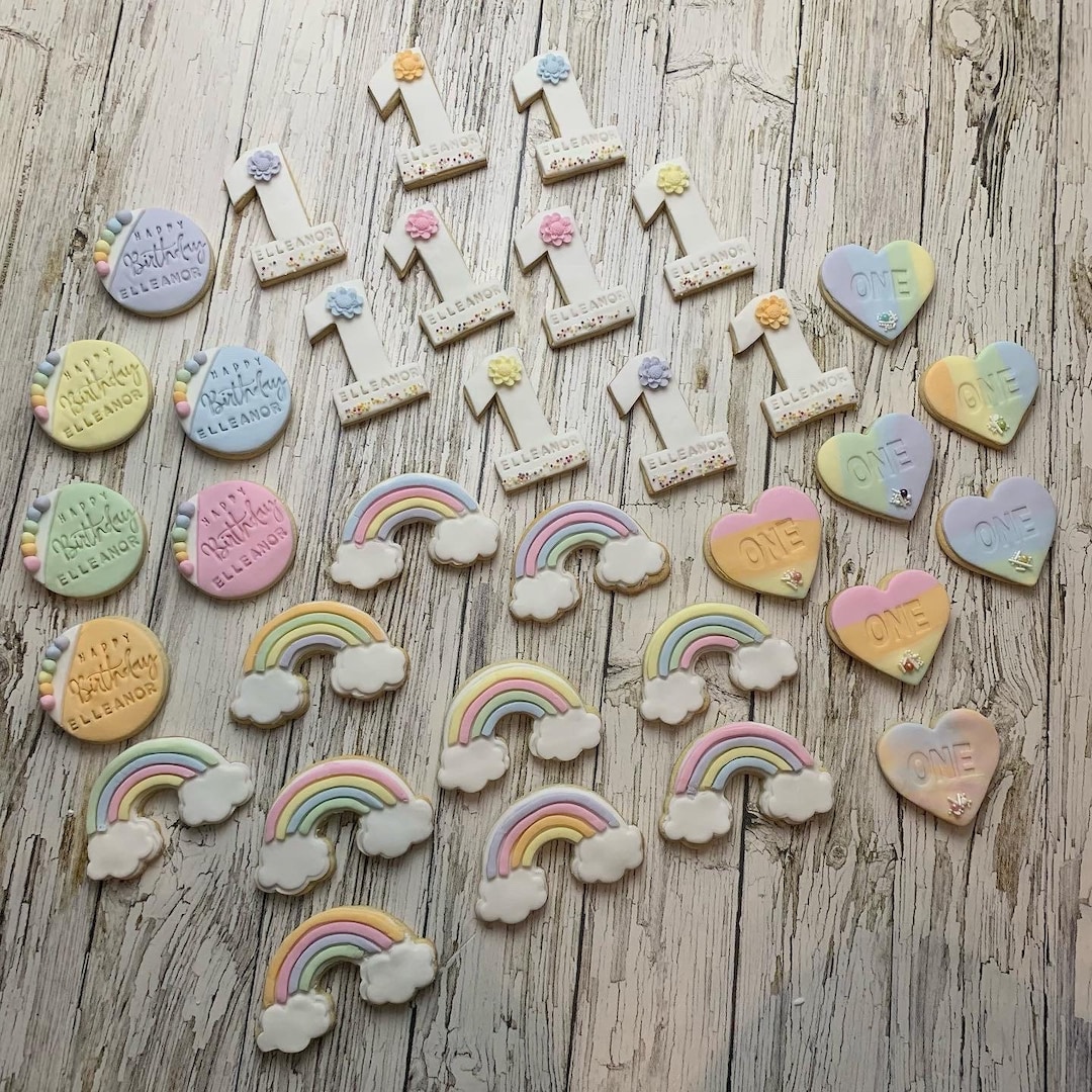 1st Birthday Rainbow Pastel Personalised Sugar Cookie Fondant Biscuits ...