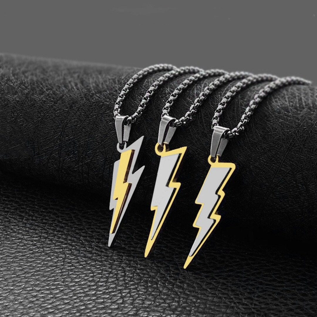 3D Lightning Bolt Gold/silver Pendant & Chain stainless Steel Flash ...