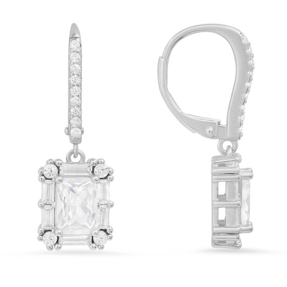 Leverback Earrings for Women Emerald cut Diamond Halo Leverback Earring for Girls Cubic Zirconia 925 Sterling Silver 14k Yellow Gold Etsy