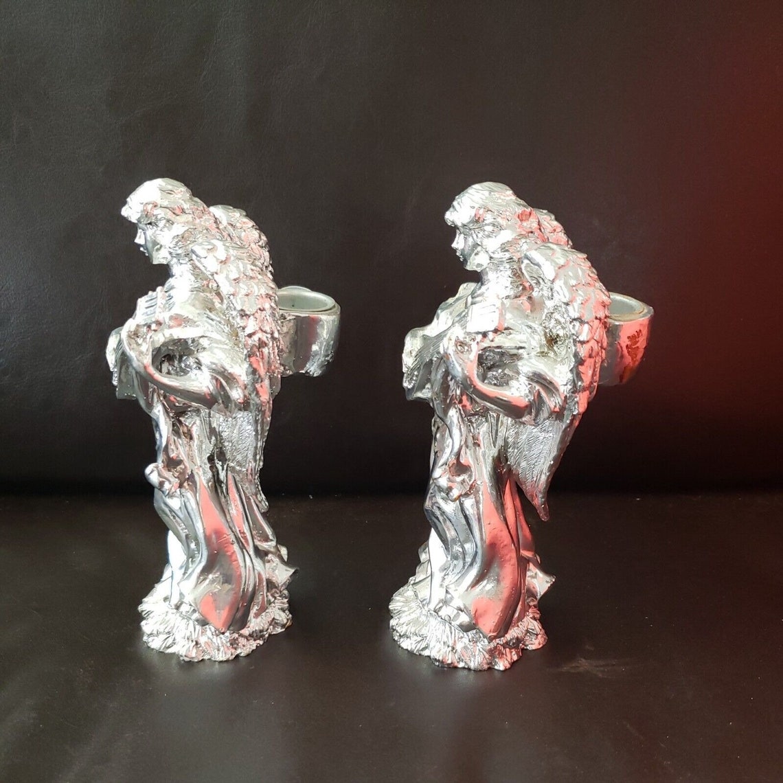 Pair Angels Playing a Lute Taper Candle Holders, Silver Painted Resin ...