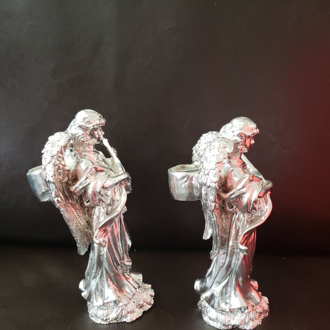 Pair Angels Playing a Lute Taper Candle Holders, Silver Painted Resin ...