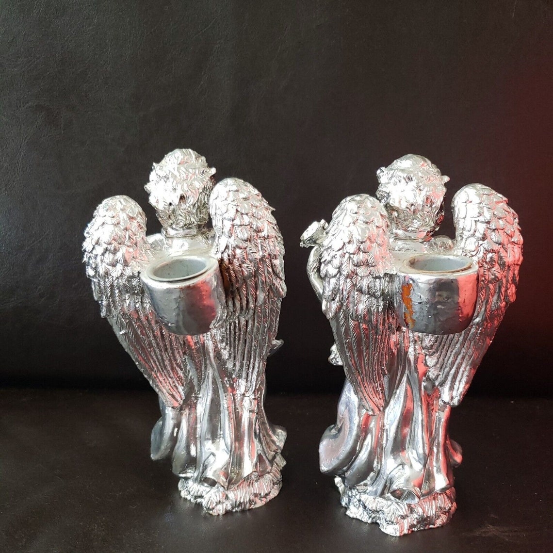 Pair Angels Playing a Lute Taper Candle Holders, Silver Painted Resin ...