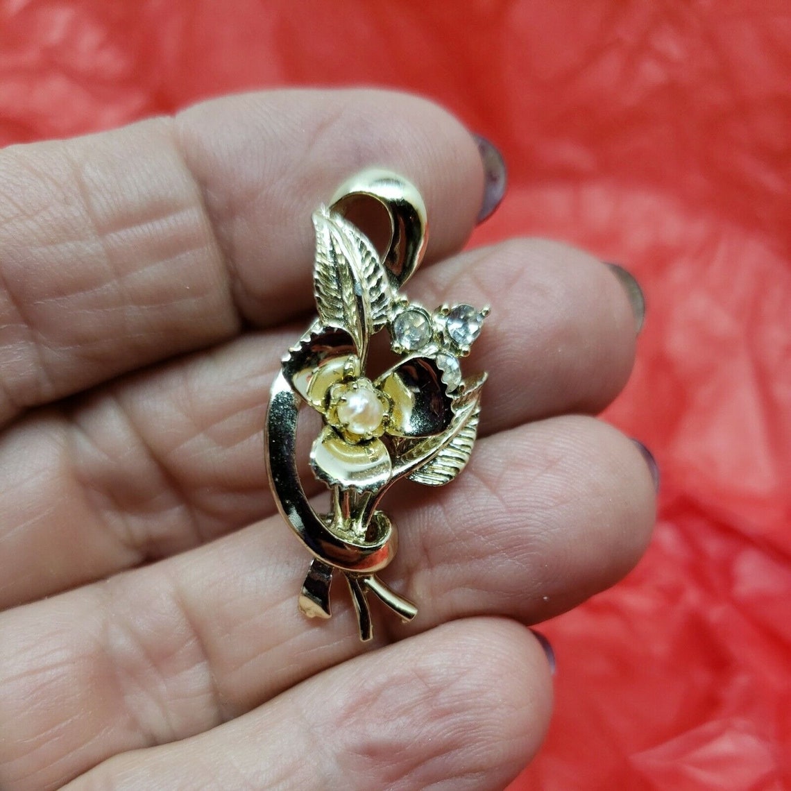 Vintage Large Gold Tone Pearl Rhinestones Flower Leaves Statement ...