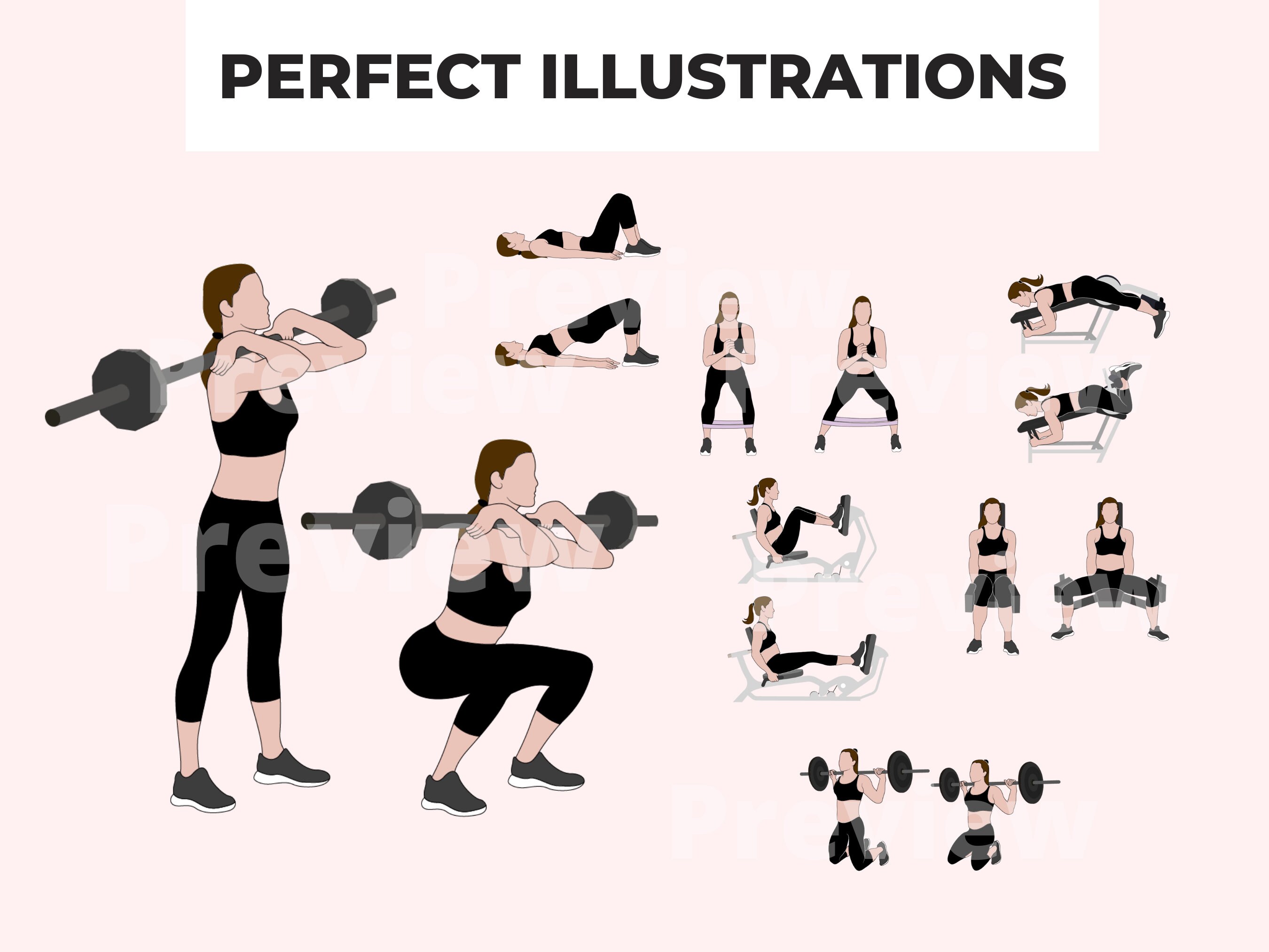 101 Fitness Exercise Illustrations: PNG Clipart Bundle (digital ...
