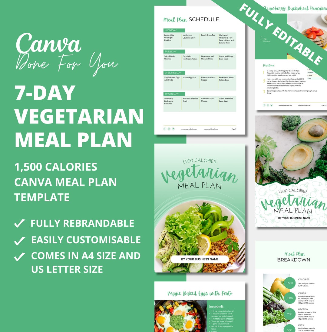 7-day Vegetarian Meal Plan Template, PLR Digital Products, Canva Ebook ...