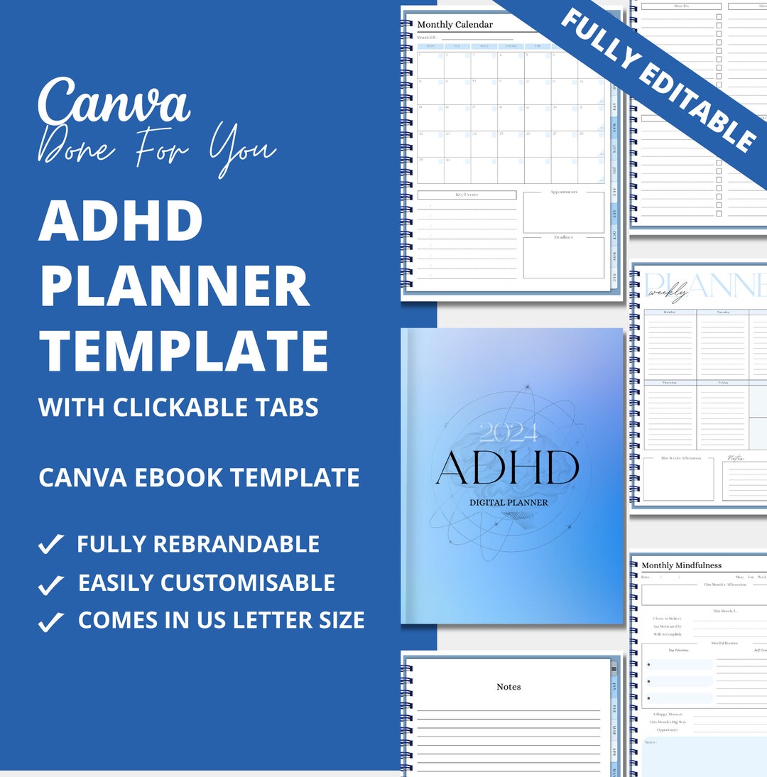 ADHD Planner Template, Canva Planner Template, Digital Planner Template ...