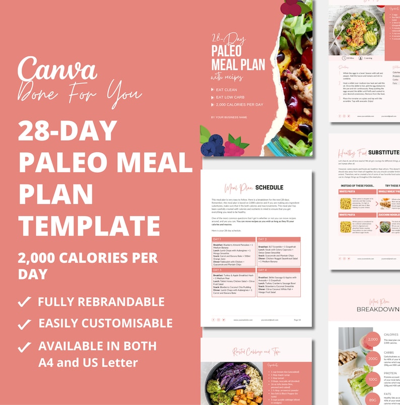 28 Day Paleo Meal Plan Template With Healthy Recipes 2000 Calories Per Day Meal Plan Editable