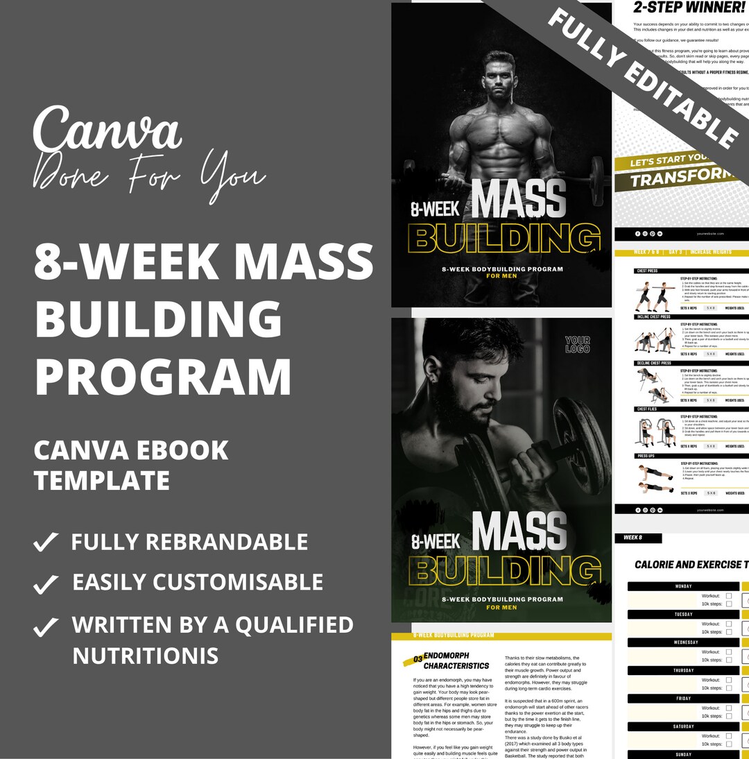 8-week Body Mass Building Program for MEN, Fitness Program Template ...
